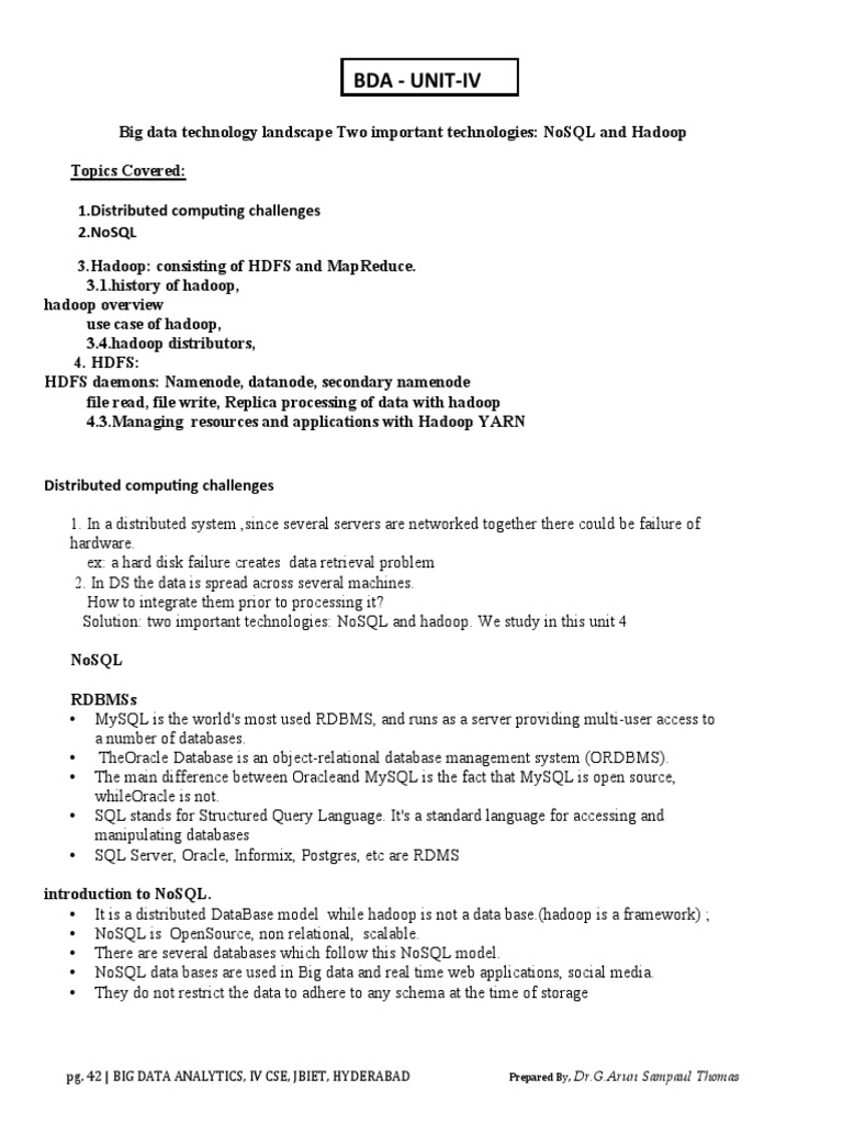 Bda - 4 Unit | PDF | Apache Hadoop | No Sql