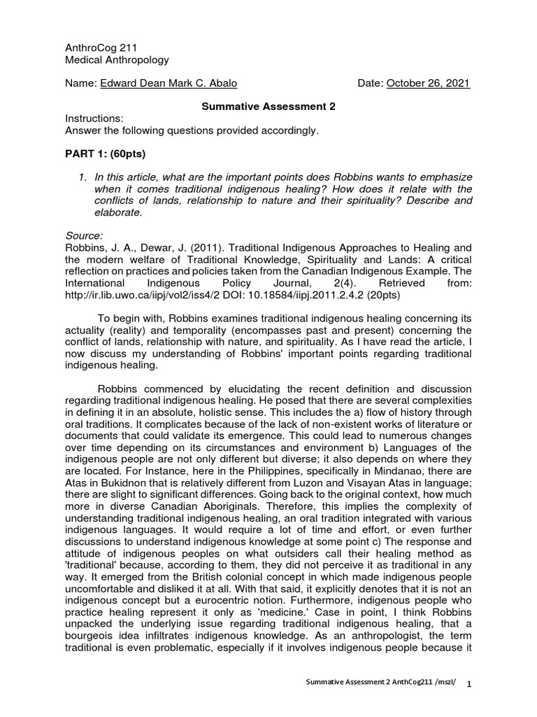ABALO-Summative Assessment 2-MedAnthro | PDF | Anthropology ...