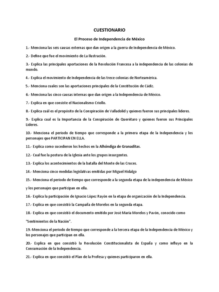 Cuestionario sobre el proceso de independencia de México: Preguntas y respuestas clave | PDF