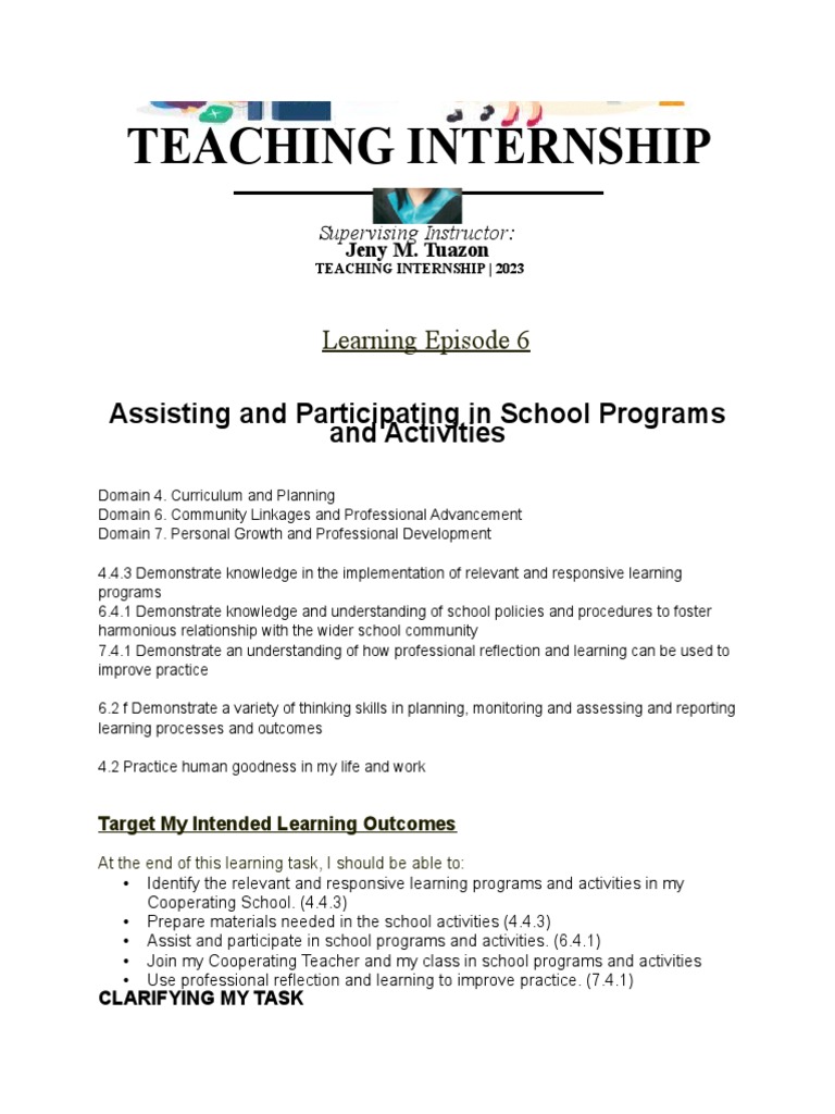 Teaching Internship - : Assisting and Participating in School Programs and Activities | PDF ...