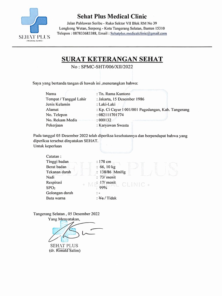 Surat Keterangan Sehat Sehat Plus | PDF