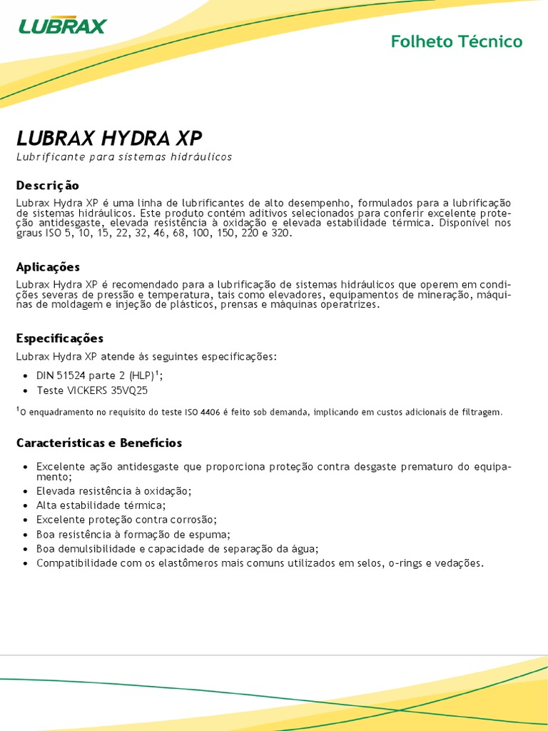 Folheto Tecnico Lubrax Hydra XP | PDF | Engenharia Química | Ciências Físicas