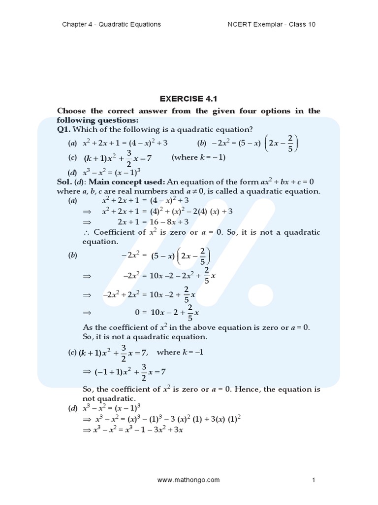 Exercise 4.1 Choose The Correct Answer From The Given Four Options in The Following Questions ...