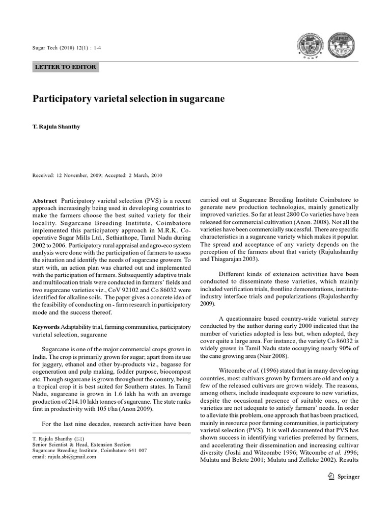 Participatory Sugarcane Variety Selection | PDF | Plant Breeding ...