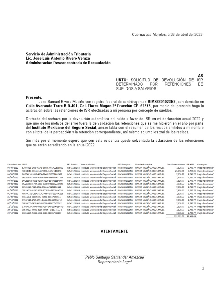 Solicitud Devolución ISR 2022 Cuernavaca | PDF