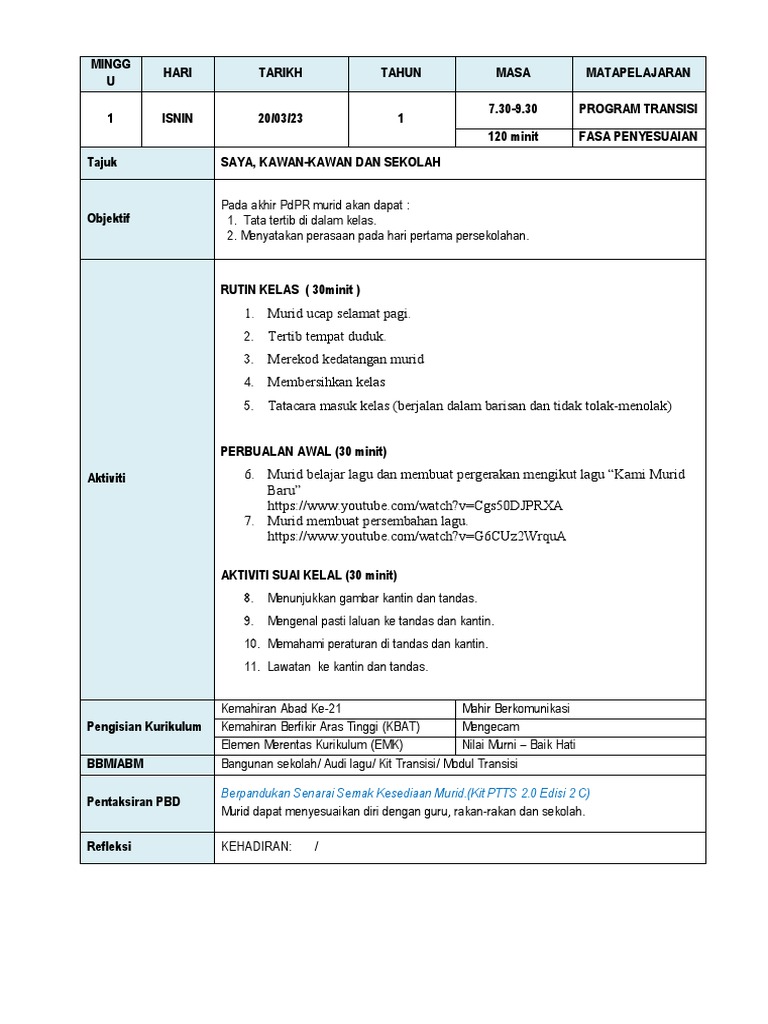Contoh RPH Transisi Fasa Penyesuaian - M1, M2 | PDF