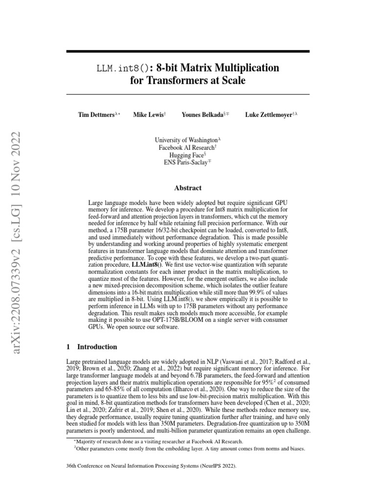 8 Bit Matrix Multiplication For Transformers | PDF