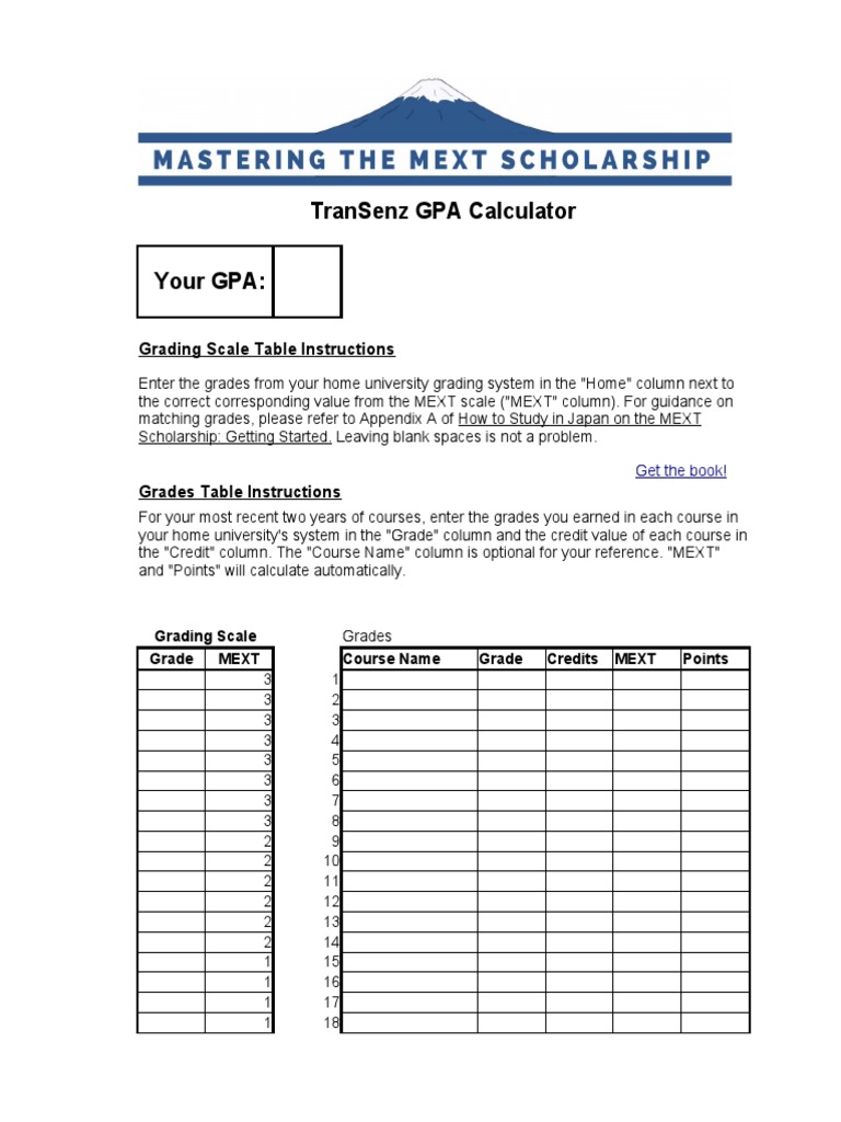MEXT GPA Calculator Guide | PDF