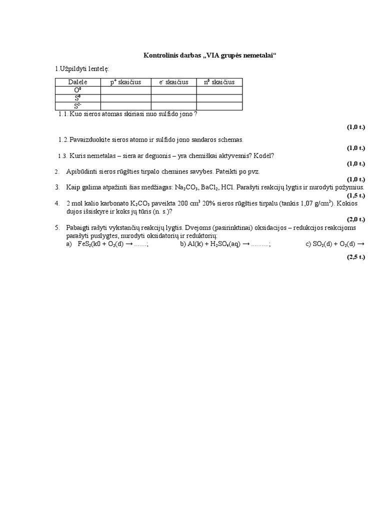 Kontrolinis Darbas VIA Grupės Nemetalai": (1,0 T.) (1,0 T.) (1,0 T.) (1 ...