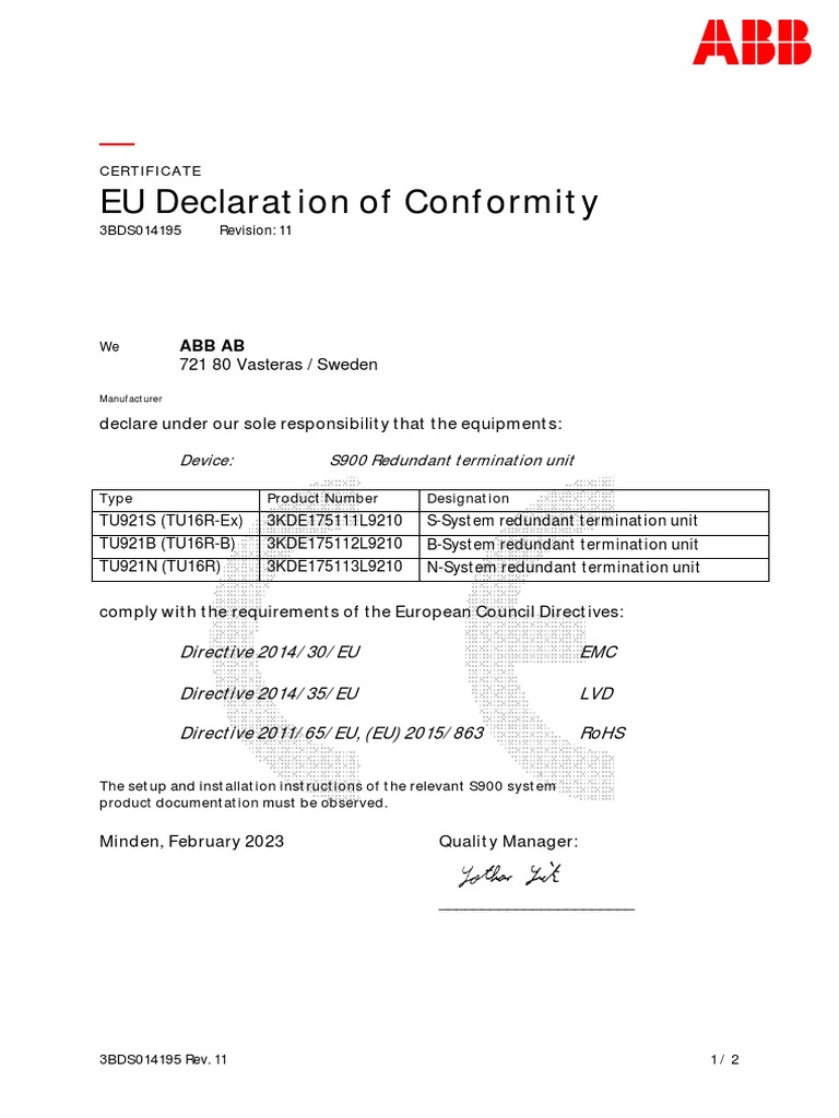 EU Declaration Of Conformity Abb Ab PDF