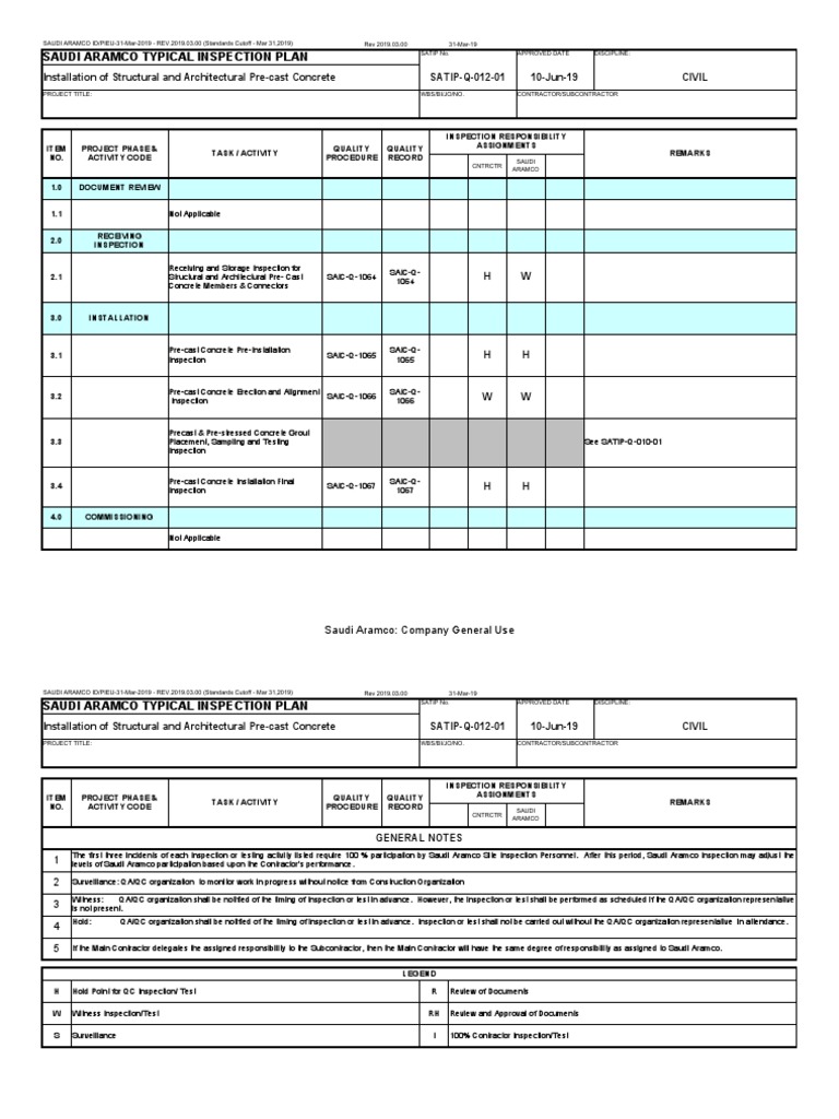 Saudi Aramco Typical Inspection Plan | PDF | Precast Concrete | Civil ...