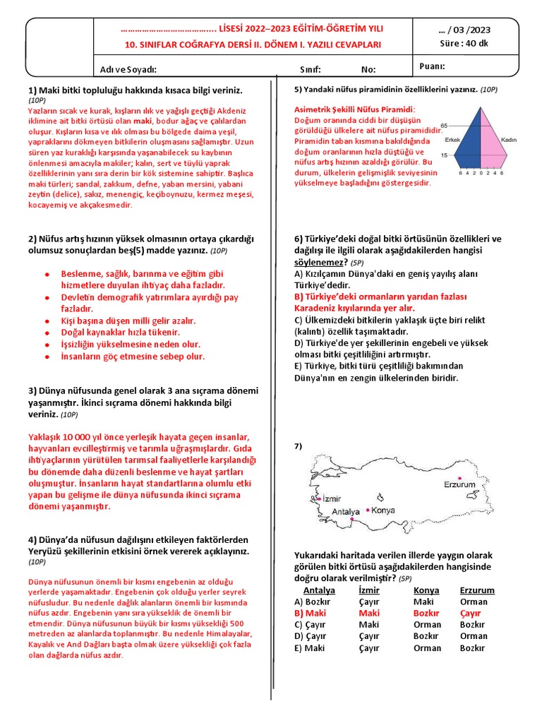 10 Sinif 2 Donem 1 Yazili Cevap Anahtari 2023 | PDF