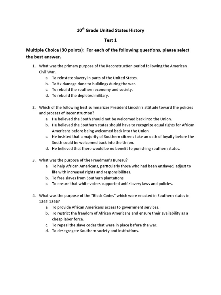 10 Grade United States History Test 1 Multiple Choice (30 Points) : For ...
