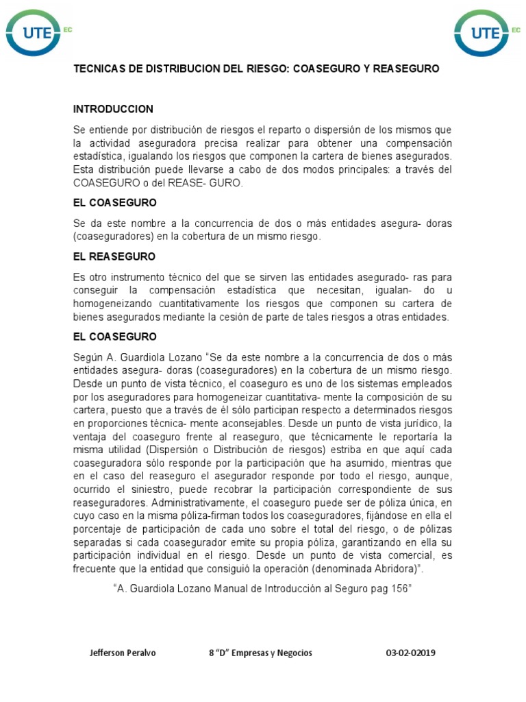 Tecnicas de Distribucion Del Riesgo: Coaseguro Y Reaseguro | PDF | Reaseguro | Seguro