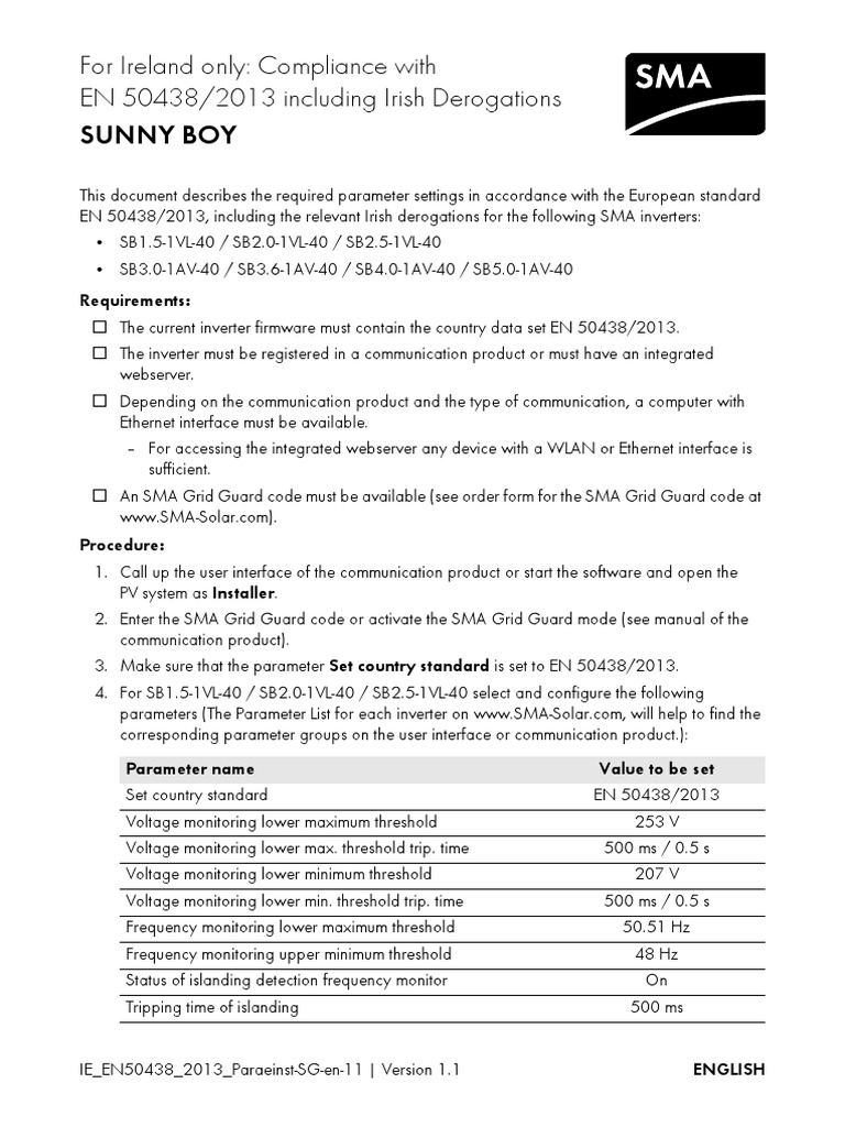 Compliance Settings for SMA Inverters in Ireland: Instructions for ...