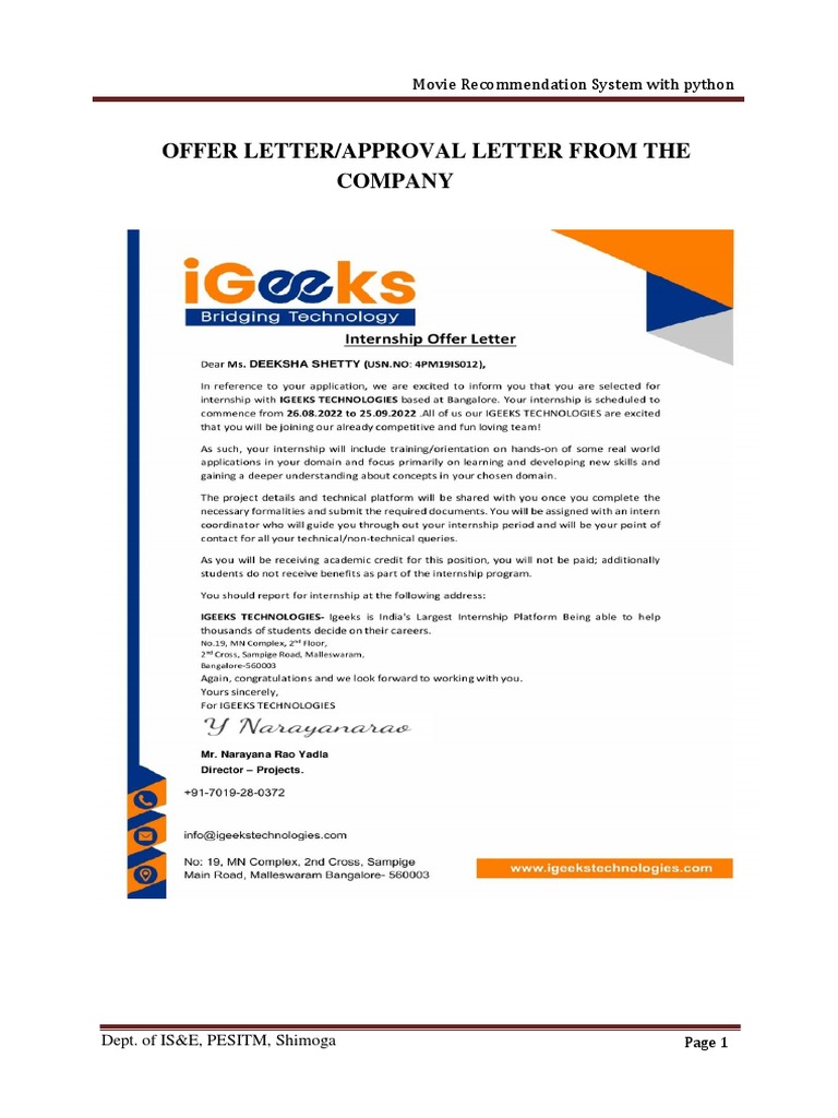 Offer Letter/Approval Letter From The Company: Movie Recommendation System With Python | PDF ...