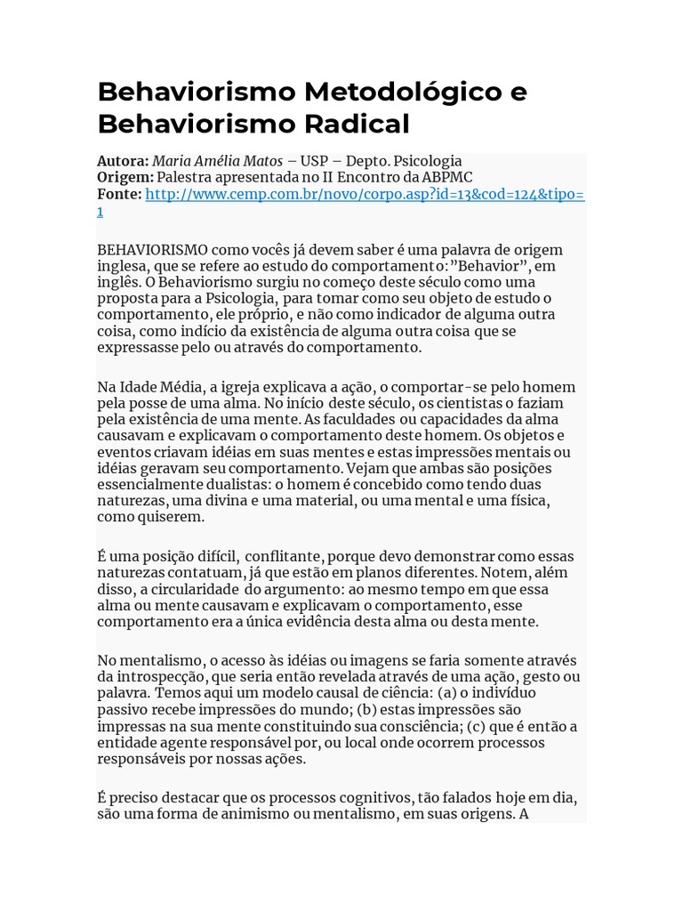 Maria Amélia Matos - Behaviorismo Metodológico e Behaviorismo Radical | PDF
