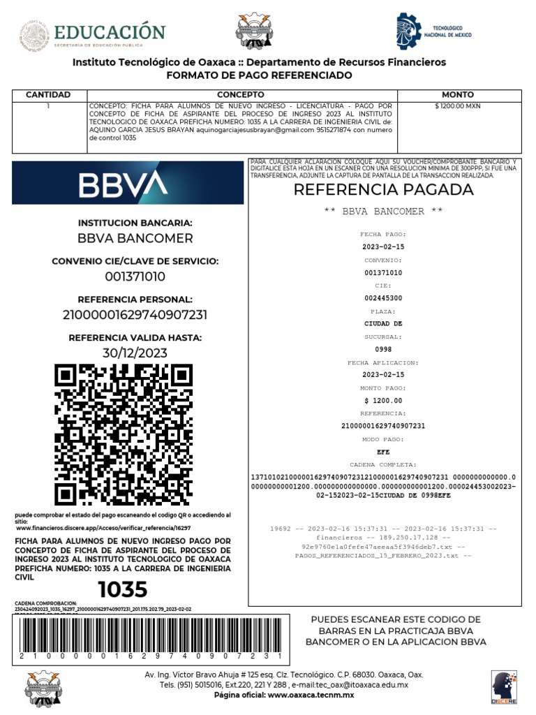 Referencia Pagada: Bbva Bancomer 001371010 21000001629740907231 30/12 ...