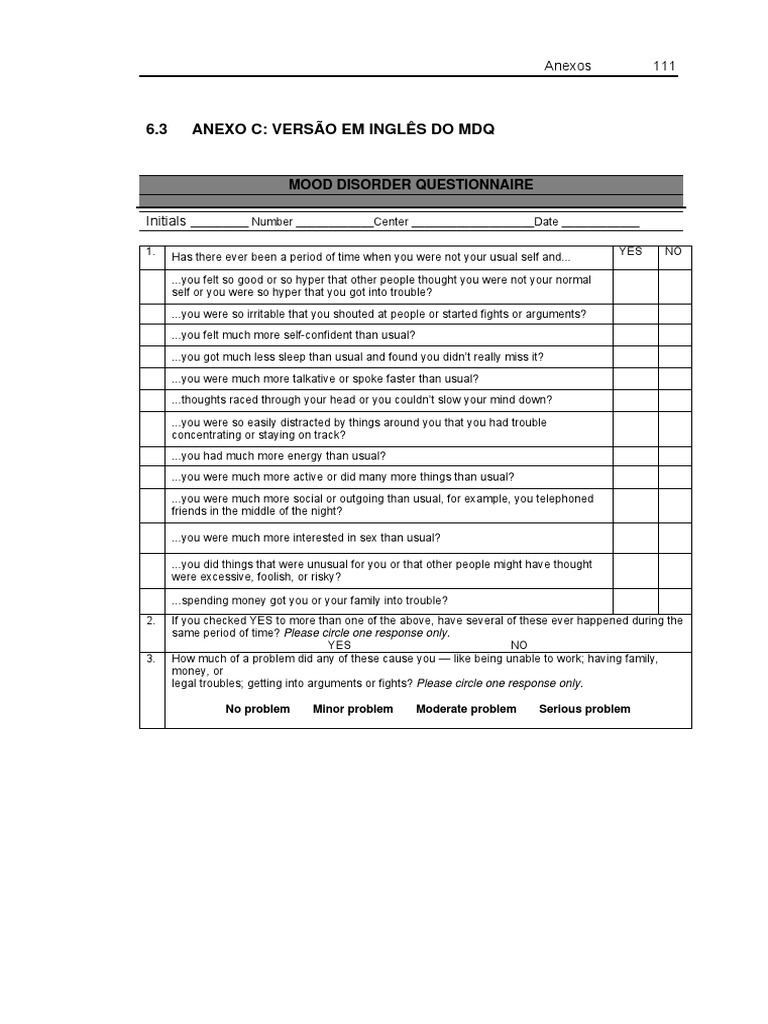 Questionário de Transtorno de Humor - MDQ (Mood Disorder Questionnaire ...