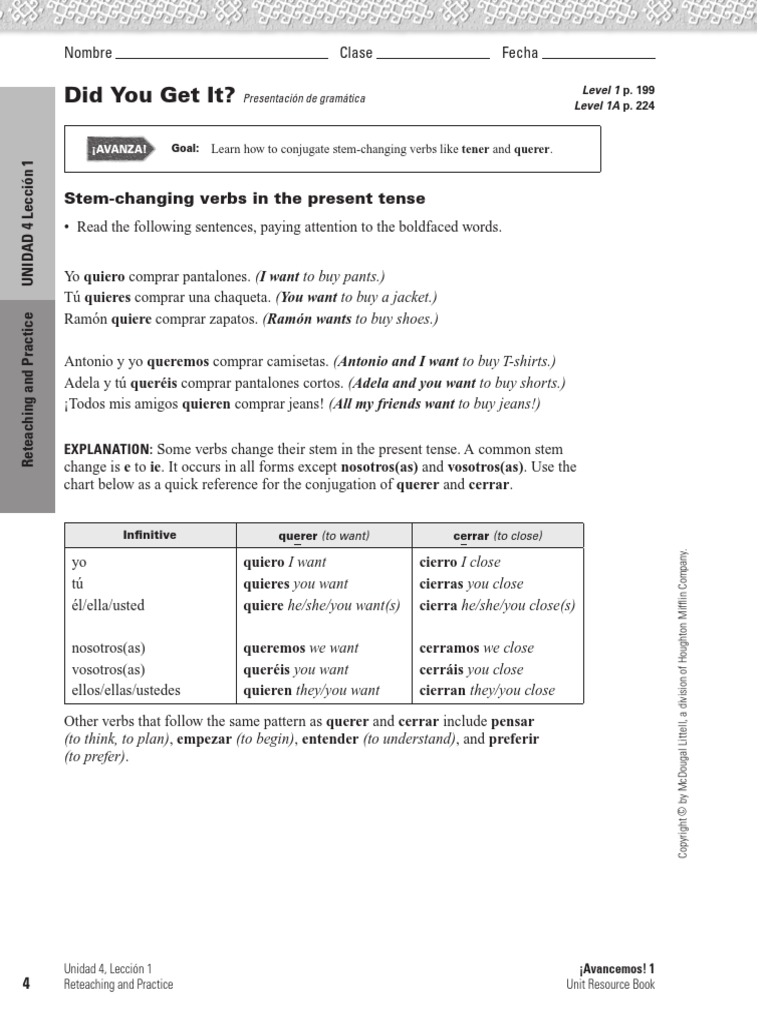 Did You Get It?: Stem-Changing Verbs in The Present Tense | PDF ...