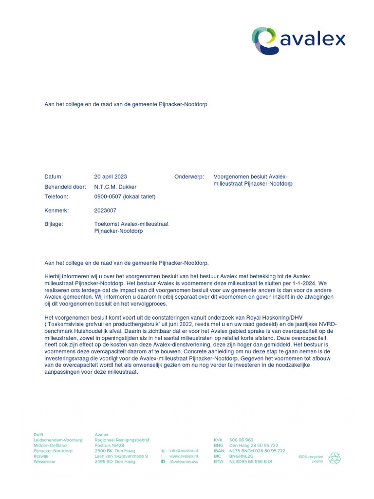 Voorgenomen Sluiting Avalex-Milieustraat | PDF