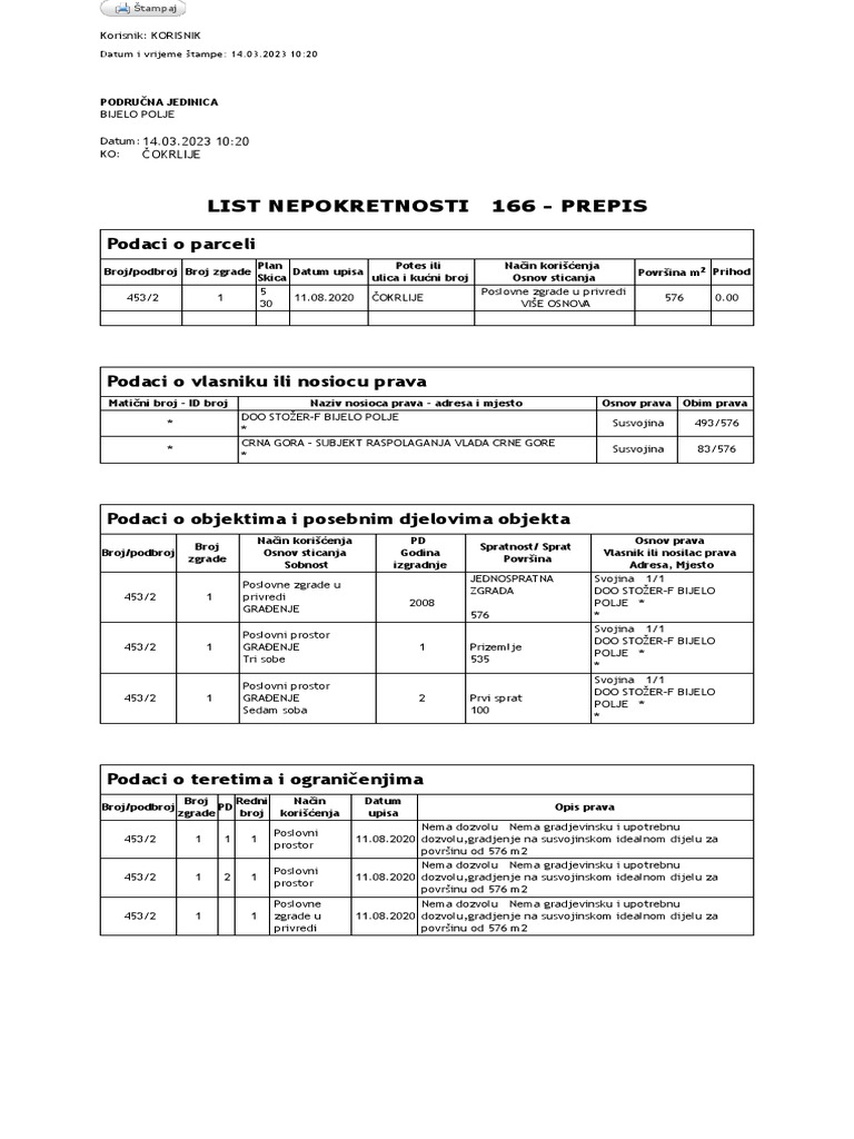 List Nepokretnosti 166 - Prepis: Podaci o Parceli | PDF