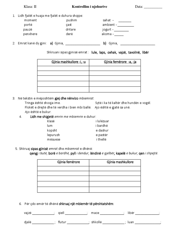 Test - Gjuha Shqipe Klasa e 2 Maj | PDF