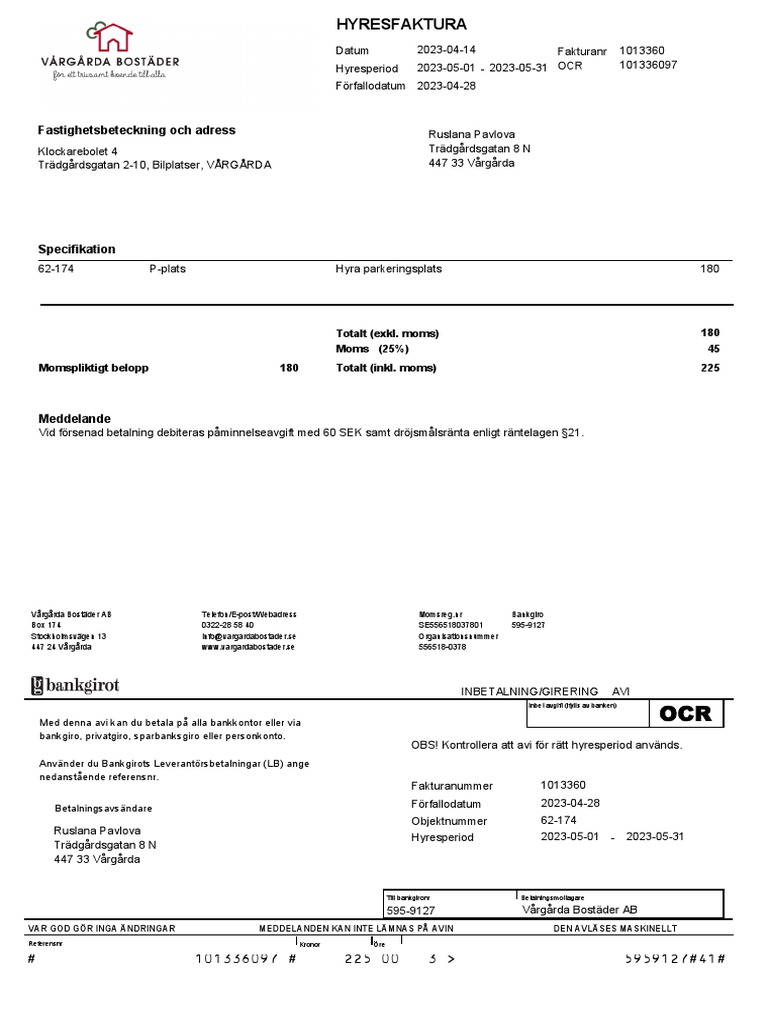 Fastighetsbeteckning Och Adress: Totalt (Exkl. Moms) 180 Moms (25%) 45 ...