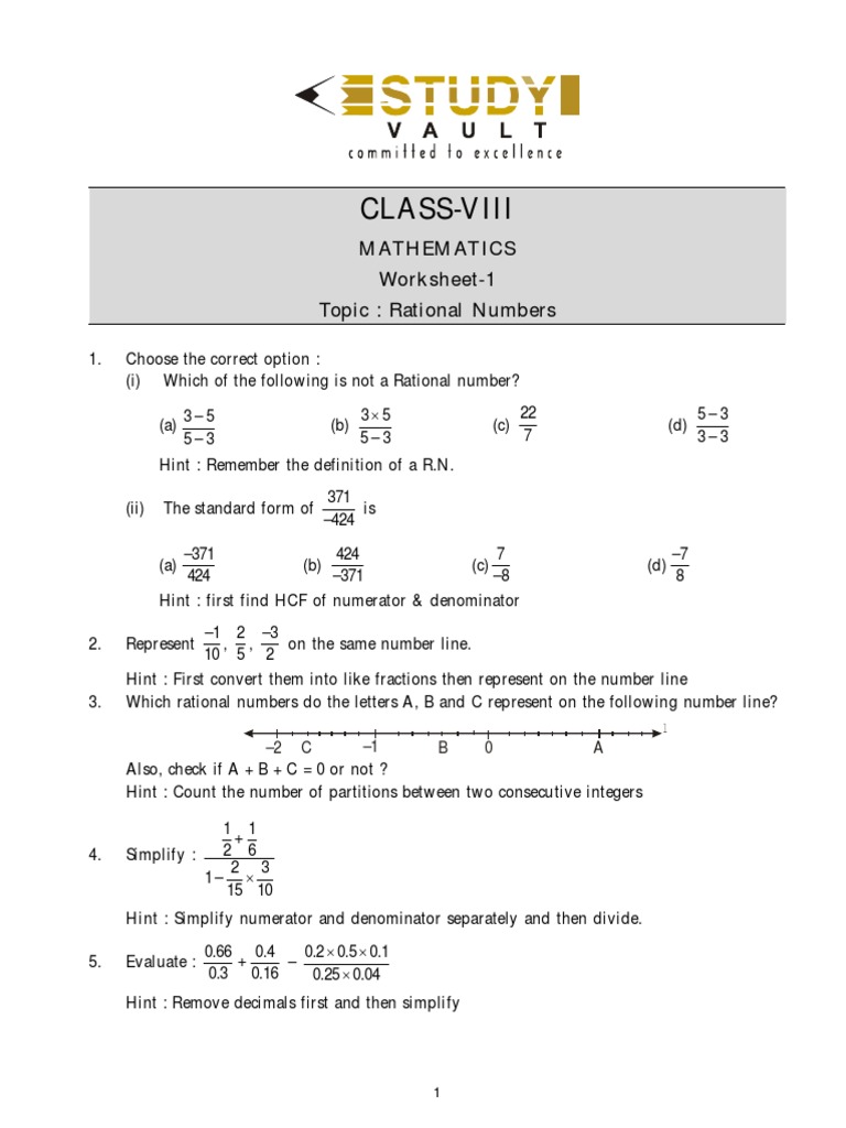 Class 8 Rational Numbers Worksheet | PDF