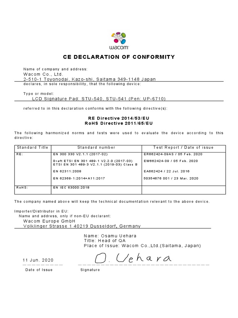 Ce Declaration of Conformity: Re Directive 2014/53/eu Rohs Directive 2011/65/eu | PDF ...