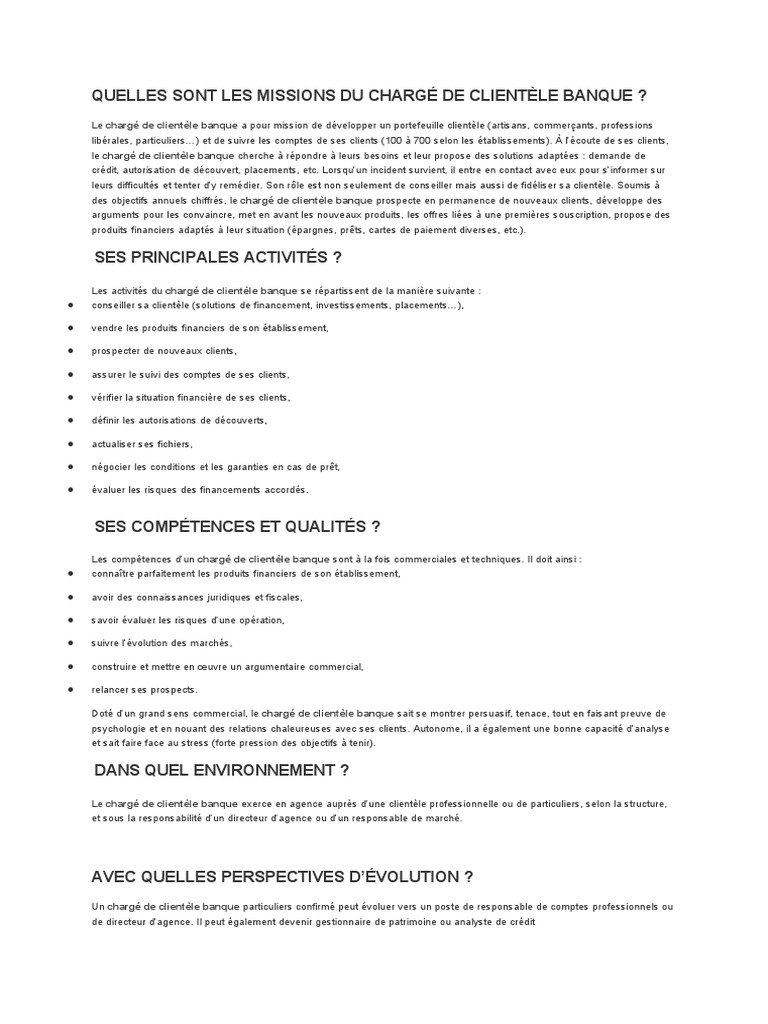 Quelles Sont Les Missions Du Chargé de Clientèle Banque | PDF ...