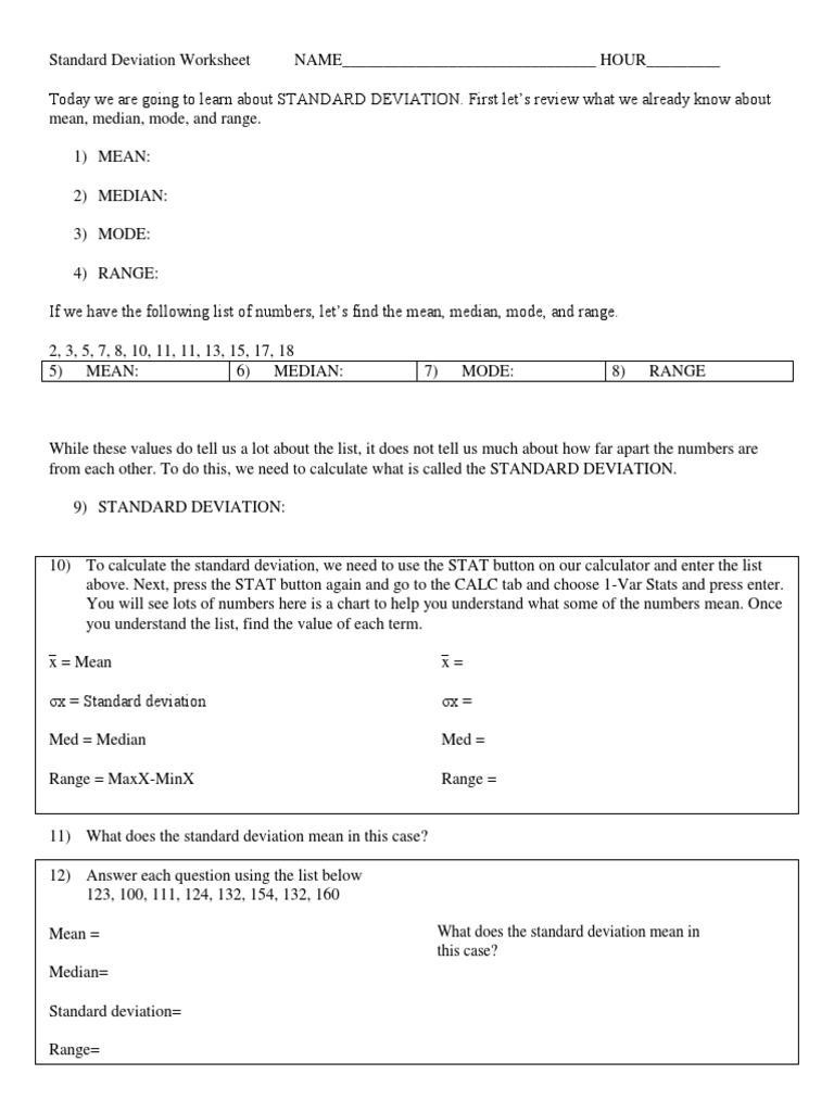 Algebra II Standard Deviation Worksheet | PDF | Mode (Statistics) | Median
