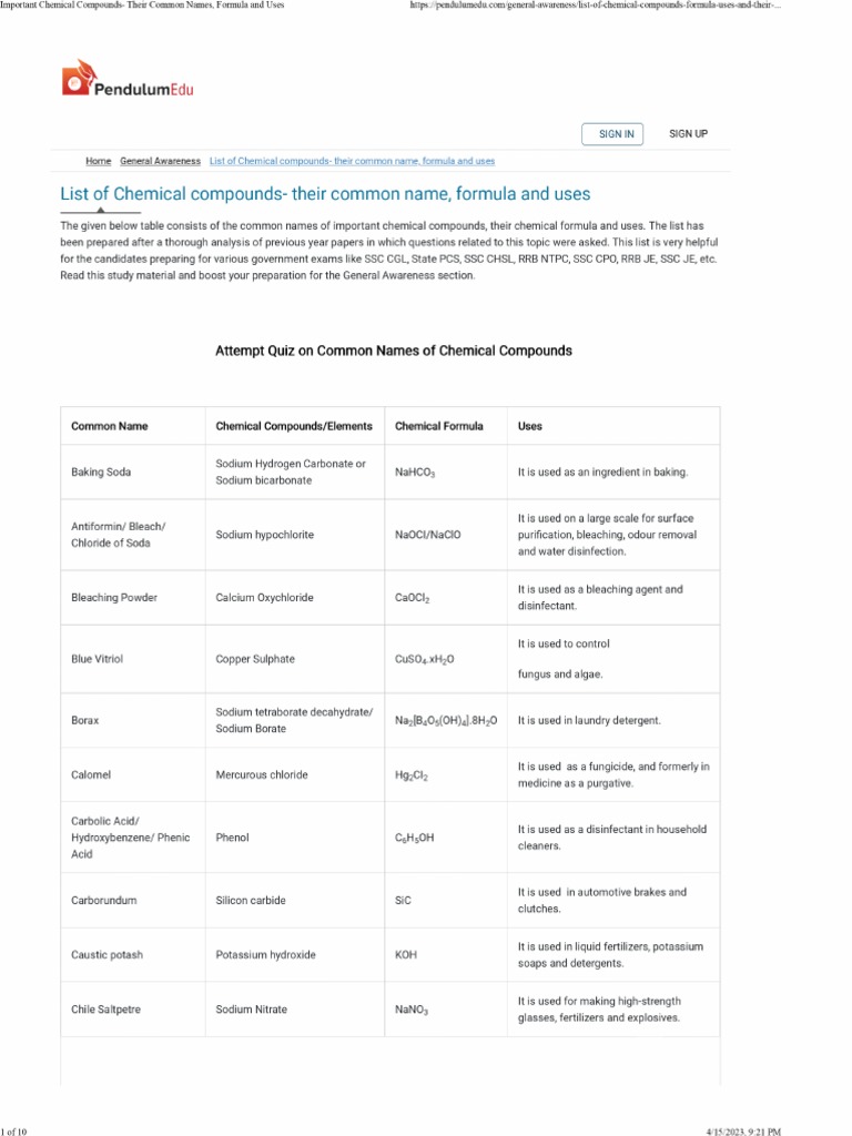 Important Chemical Compounds - Their Common Names, Formula and Uses | PDF