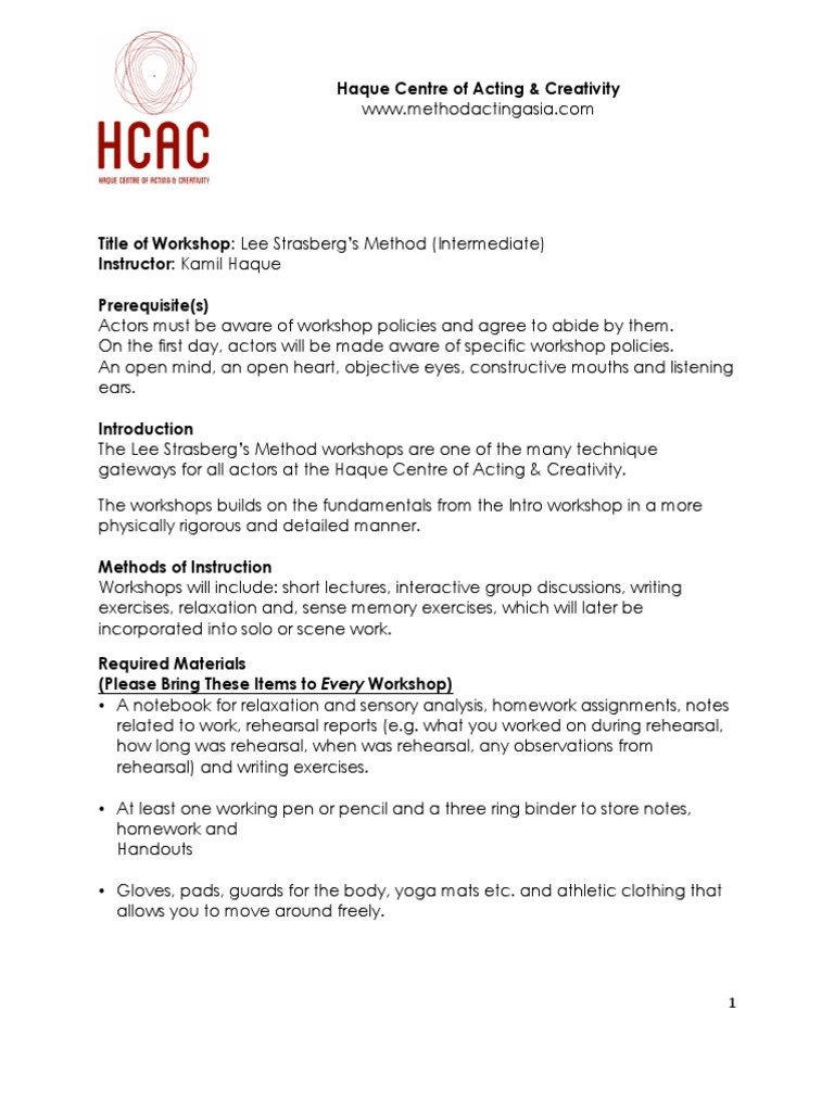 Lee Strasberg's Method Intermediate Syllabus | PDF | Thought | Embodied ...