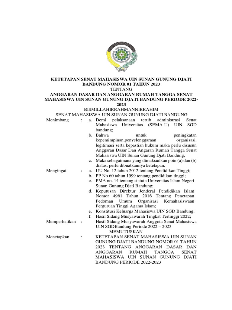 Ketetapan Senat Mahasiswa Uin Sunan Gunung Djati Bandung Nomor 1 Tahun 2023 - 040730 | PDF