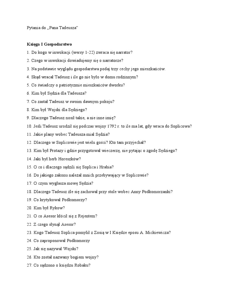 Wszystkie Pytania Do Pana Tadeusza | PDF
