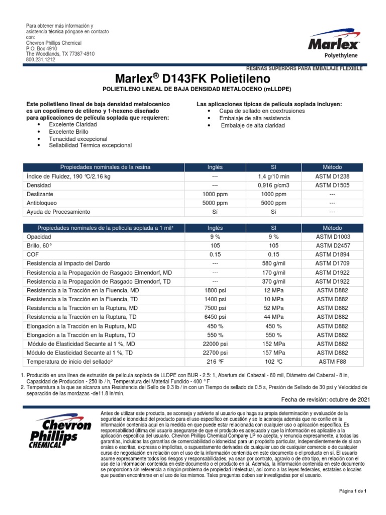 METALOCENO D143FK (TDS) - October 2021 - Spanish | PDF