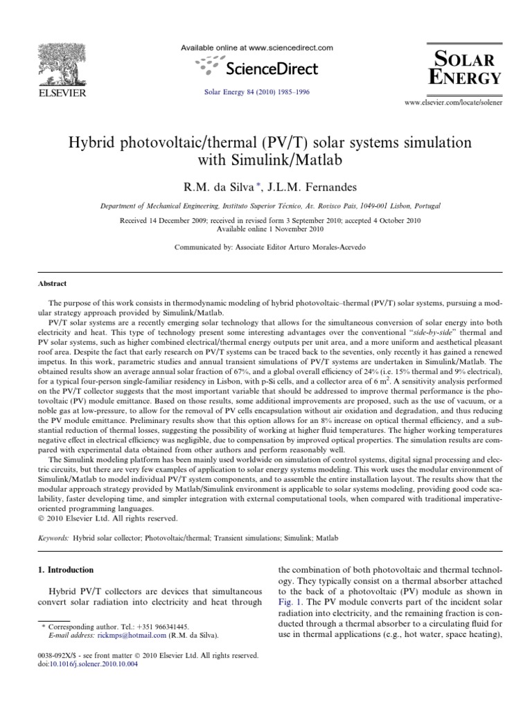 Hybrid Photovoltaic Thermal PV-T Solar Systems Simulation With Simulink ...