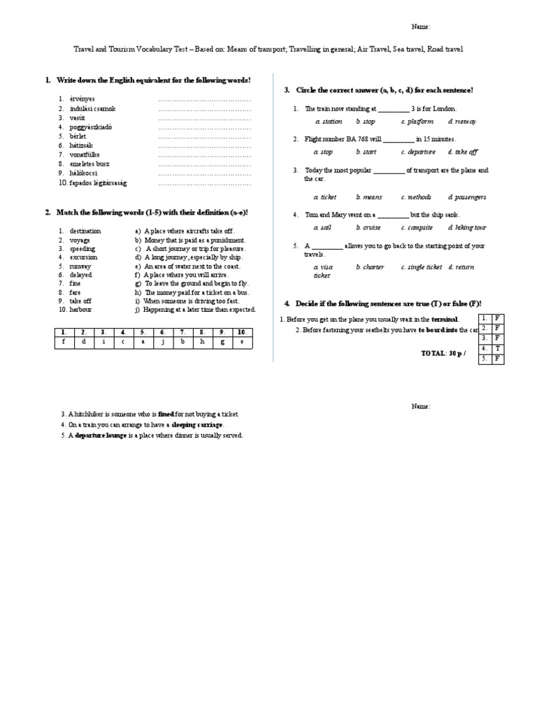 Travel Vocabulary Test for Tourism | PDF | Water Transport | Ships
