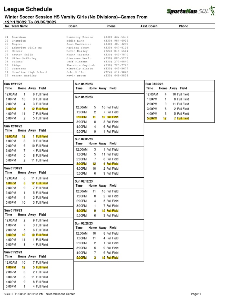 League Schedule: Winter Soccer Session HS Varsity Girls (No Divisions) - Games From 12/11/2022 ...