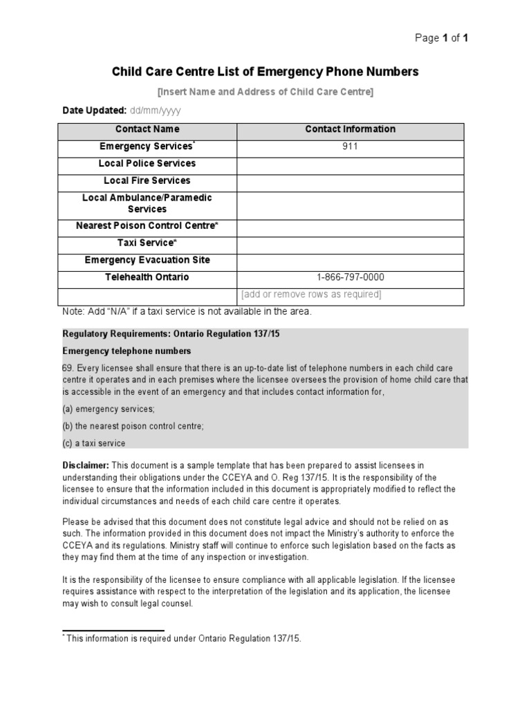 CCC Sample Template For A List of Emergency Telephone Numbers | PDF