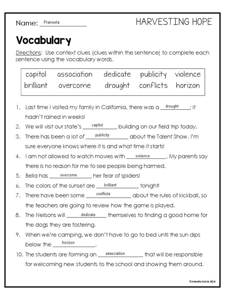 Vocabulary: Harvesting Hope | PDF