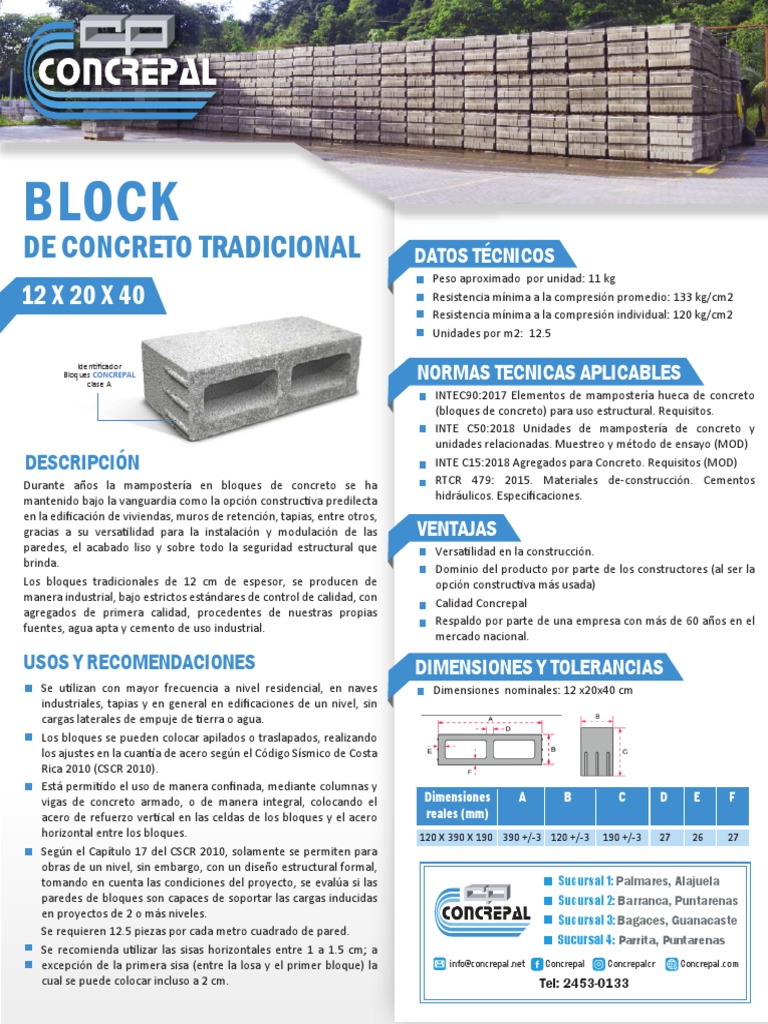Ficha Técnica Bloques de Concreto 12x40x20 CM | PDF | Hormigón ...
