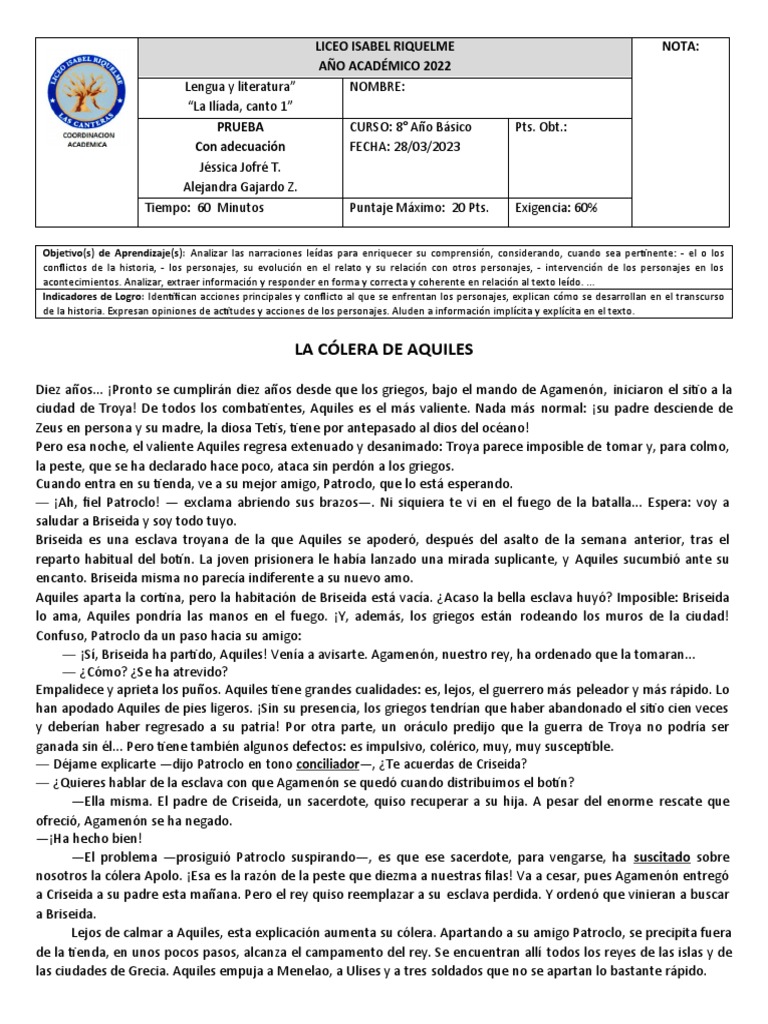 Evaluación Adecuada Lenguaje 8° Básico | PDF | Aquiles | Agamenón