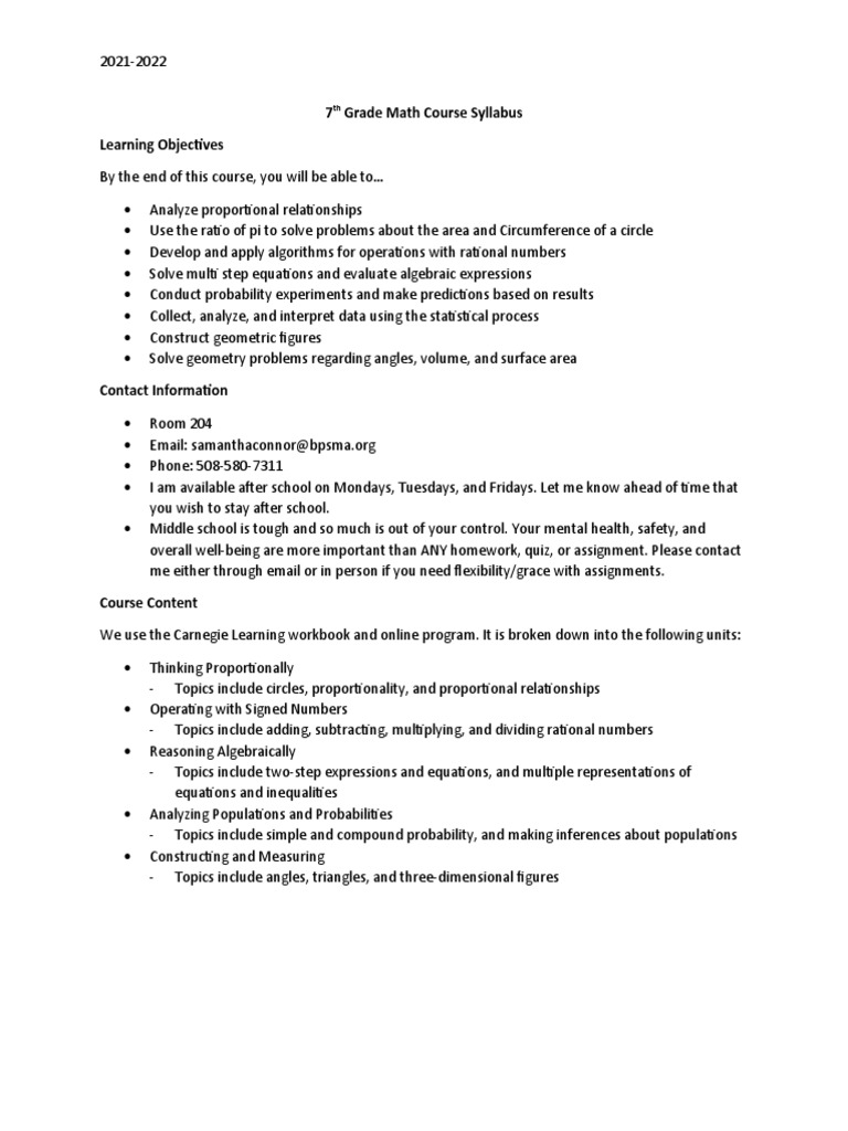 7th Grade Math Course Syllabus | PDF | Equations | Area