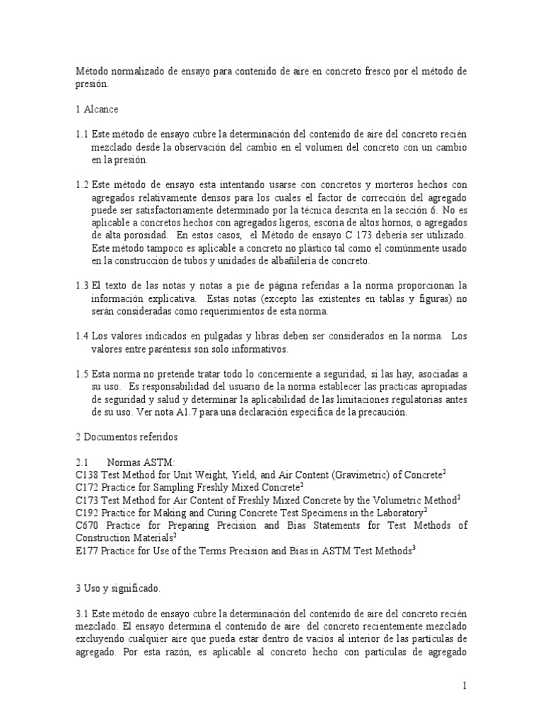 ASTM C173 (Traducción) Contenido de Aire Método de Presión | PDF ...