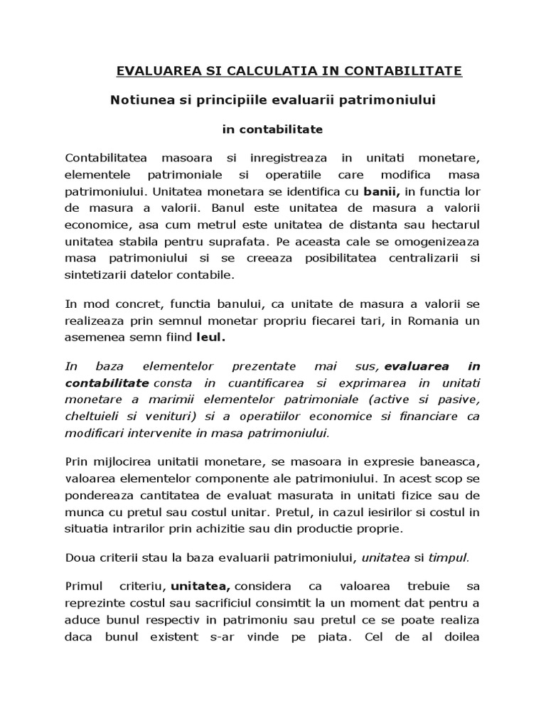 EVALUAREA SI CALCULATIA IN CONTABILITATE - Clasa A X-A | PDF