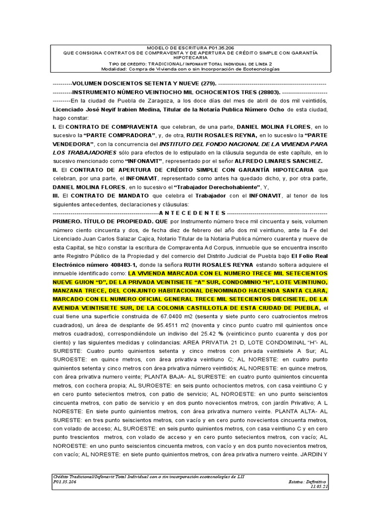 Addendum 01 - Modelo de Escritura P01.35.206 - Daniel Molina Flores | PDF