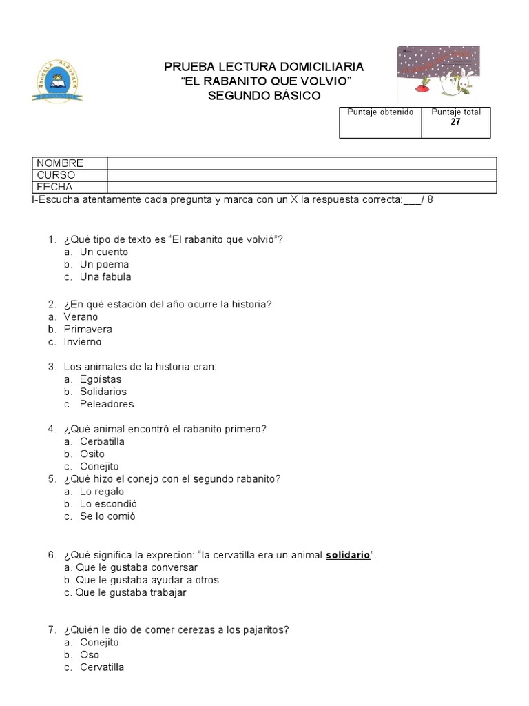 Prueba Lectura El Rabanito | PDF | Poesía