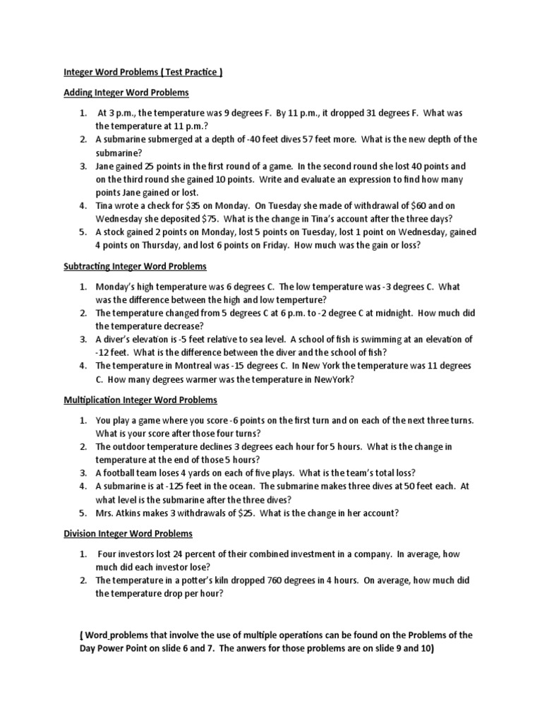 Integer Word Problems - Test Practice | PDF | Underwater Diving